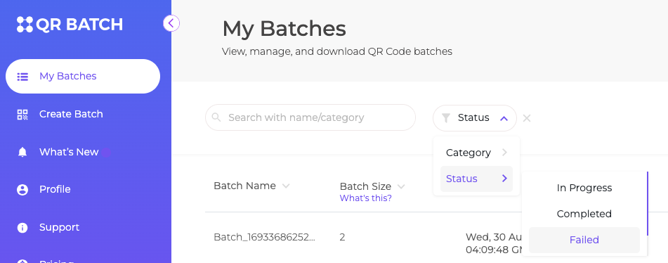 What filters can I apply in the 'My Batches' section? – QR Batch